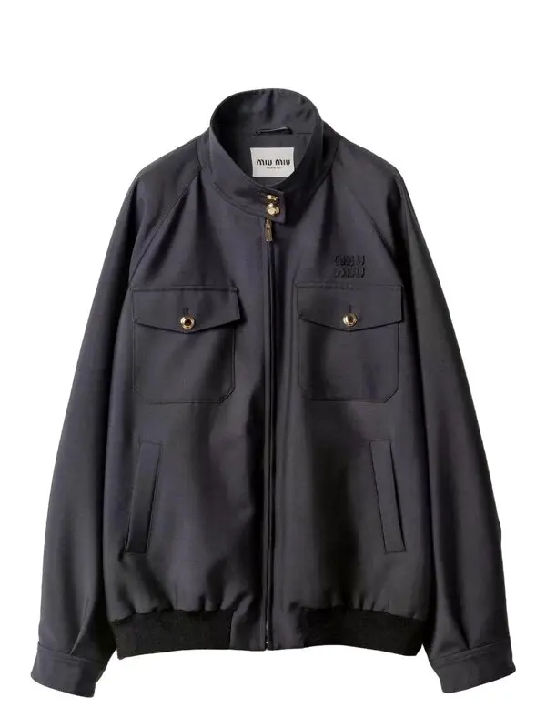 Miu Miu Ribbed-knit Jacket With Embroidered Logo - Grey