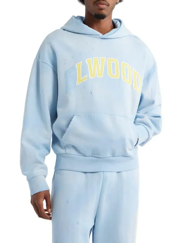 ELWOOD Fireside Distressed Logo Hoodie - Washed Blue