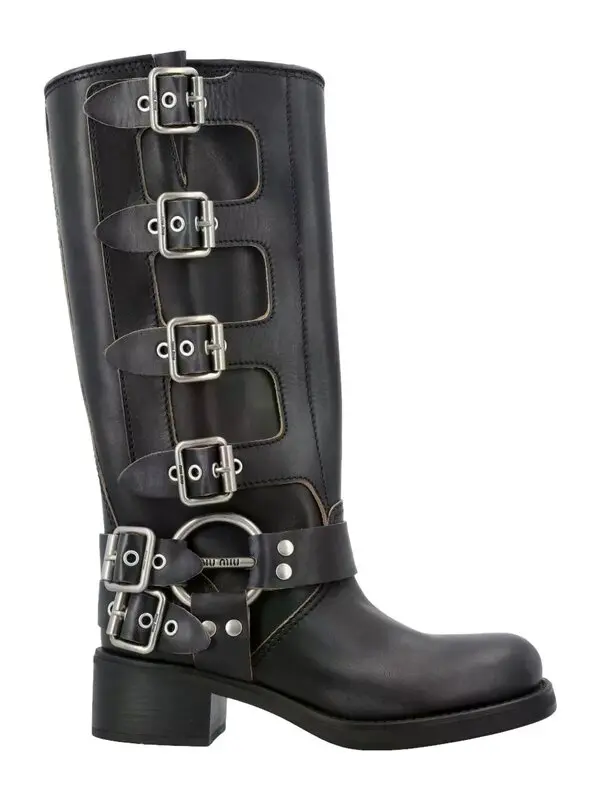 Miu Miu Buckled Knee-high Leather Boots - Black