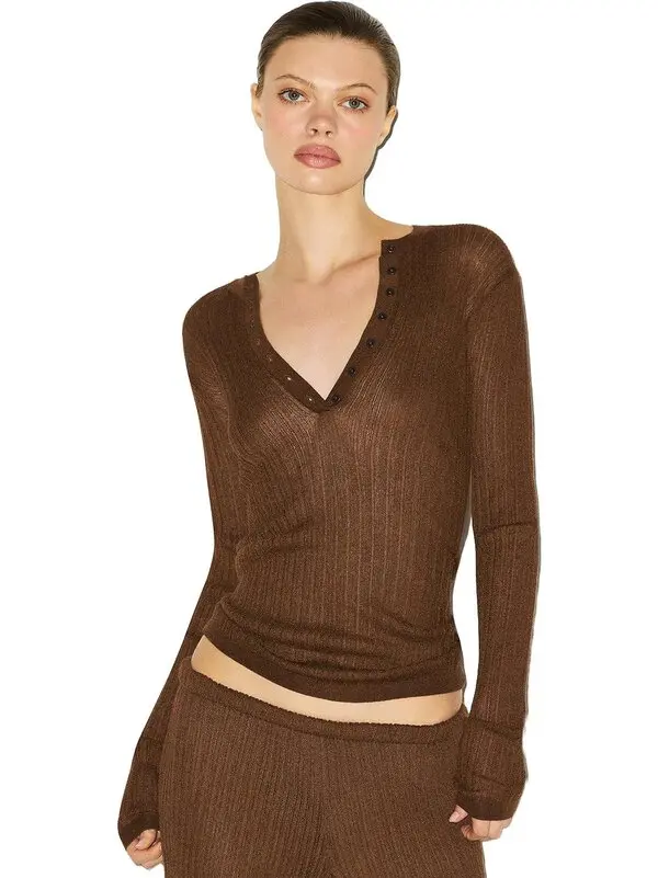 SKIMS Sheer Knit Long Sleeve Henley - Bison