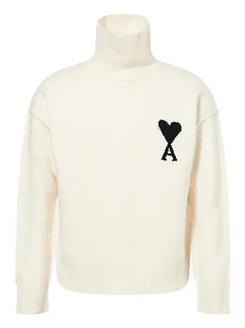 Ami Logo Wool Turtleneck Jumper - Ecru/noir