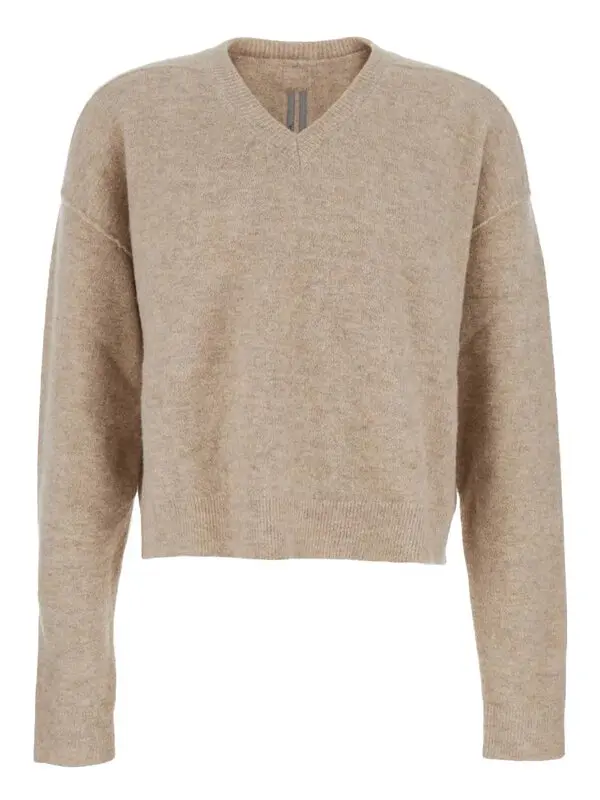 Rick Owens Wool Blend Sweater With V-neck And Drop Shoulder - Beige