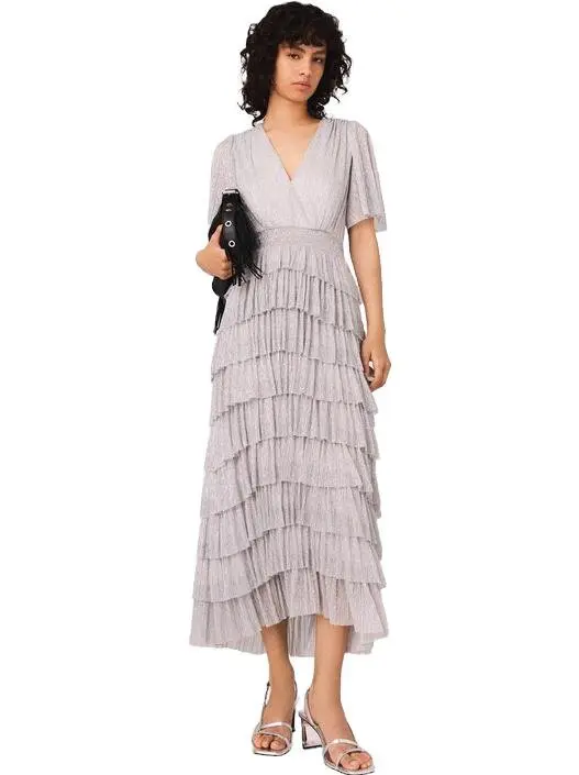 Maje Metallic Ruffled Midi Dress - Silver