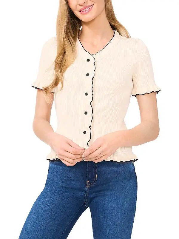 CECE DUPRAZ Contrast Stitch Ruffled Trim Cardigan - Eggnog
