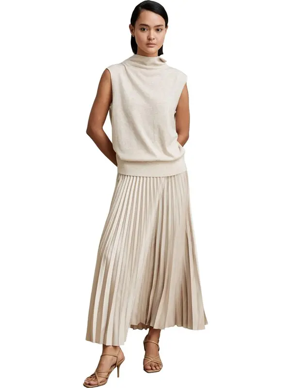 REISS Seren Pleated Midi Skirt - Champagne Neutral