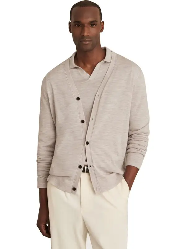 REISS Merino Wool Button-through Cardigan - Wicker Brown Melange