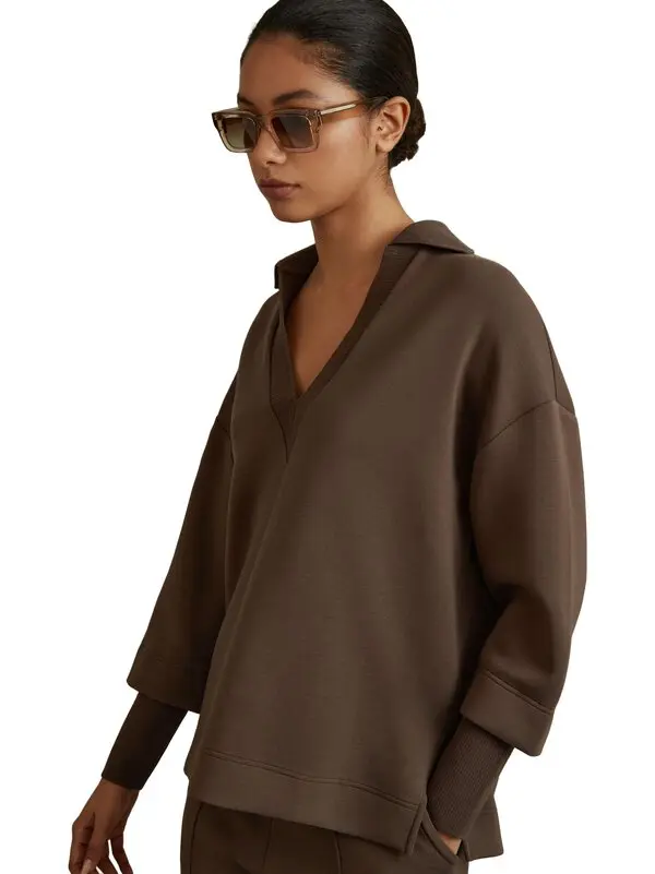 REISS Interlock Open-collar Sweatshirt - Chocolate