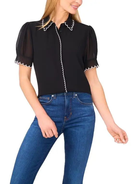 CECE DUPRAZ Scallop Trim Puff Sleeve Shirt - Rich Black