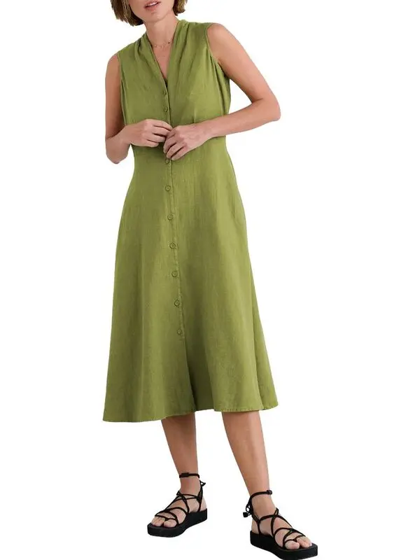 SEASALT CORNWALL Sleeveless Linen Midi Shirt Dress - Dark Citron