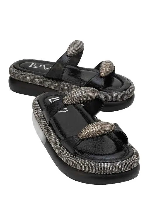 PROLOGUE SHOES Finery Embellished Platform Slides - Black Faux Leather