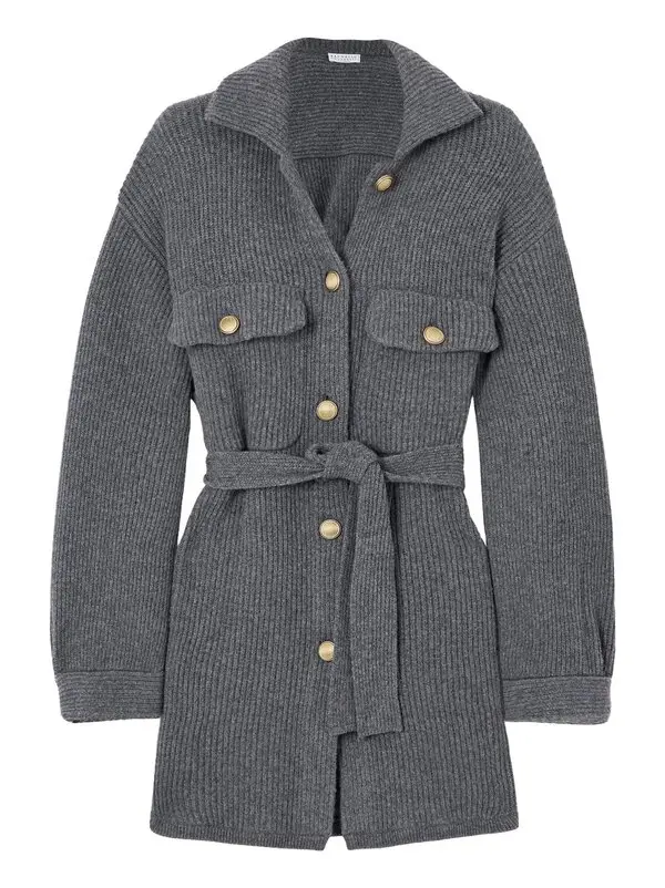 Brunello Cucinelli Belted Ribbed-knit Cardigan - Gray