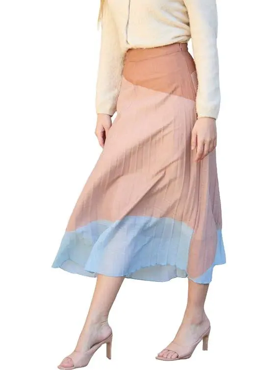LILY AND LIONEL Ladbarn Color Block Pleated Maxi Skirt - Orange