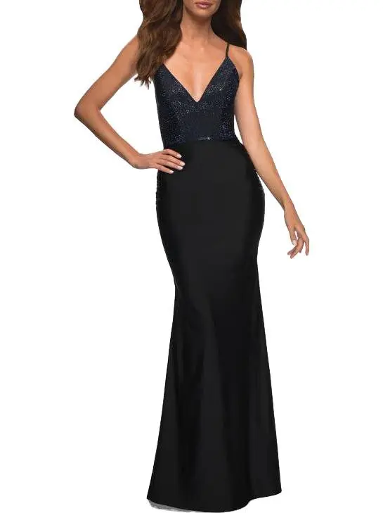 LABOMME Jersey Gown With Rhinestone Beaded Top - Black