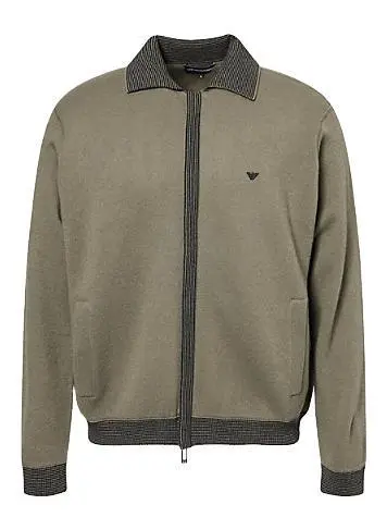 Emporio Armani Embroidered-logo Striped-trims Wool Blend Cardigan - Dusty Olive