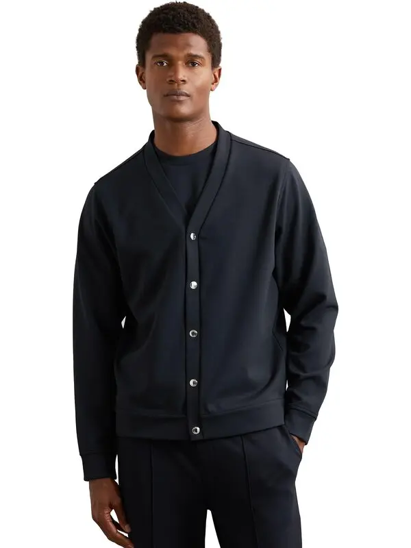 REISS V-neck Interlock Jersey Cardigan - Navy