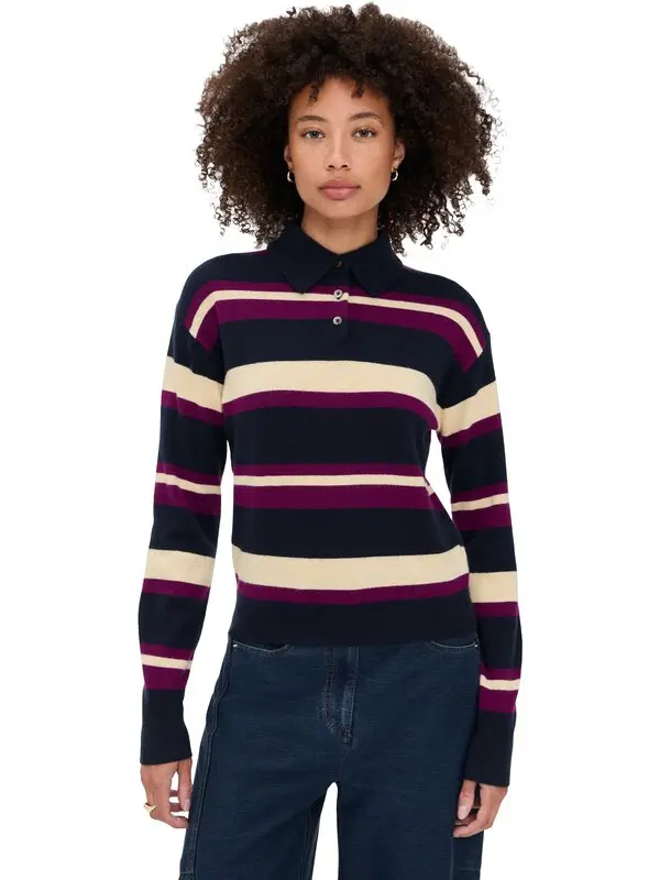 Guest In Residence Collegiate Stripe Cashmere Polo - Midnight Combo