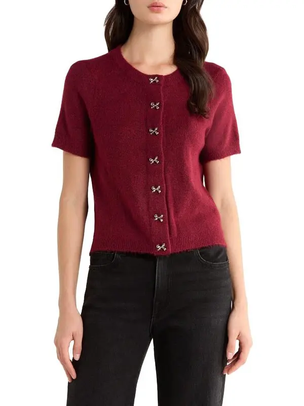 CECE DUPRAZ Short Sleeve Bow Button Cardigan - Deep Merlot