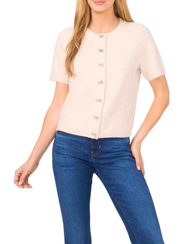 CECE DUPRAZ Short Sleeve Bow Button Cardigan - Malted