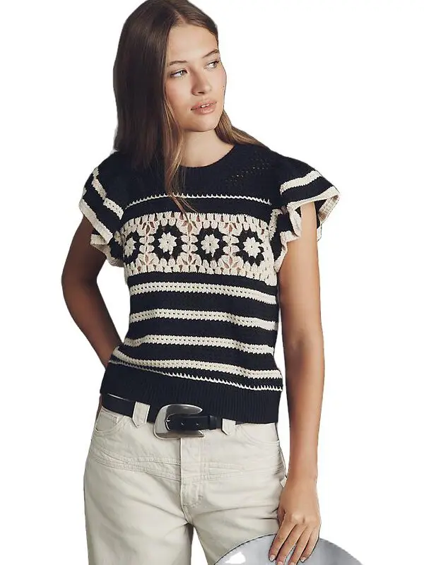 Rails Penelope Flutter-sleeve Knit Top - Black/white Stripe