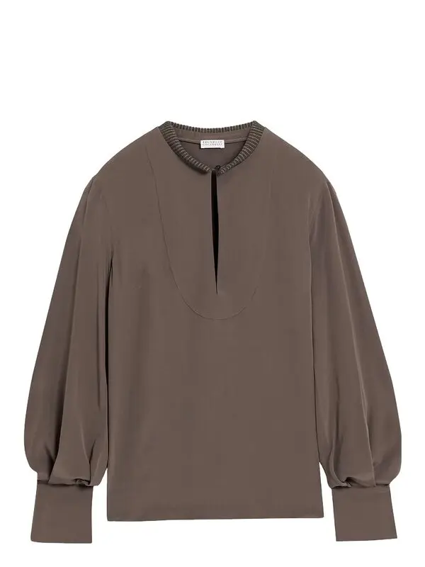 Brunello Cucinelli Bead-embellished Silk Crepe De Chine Blouse - Taupe