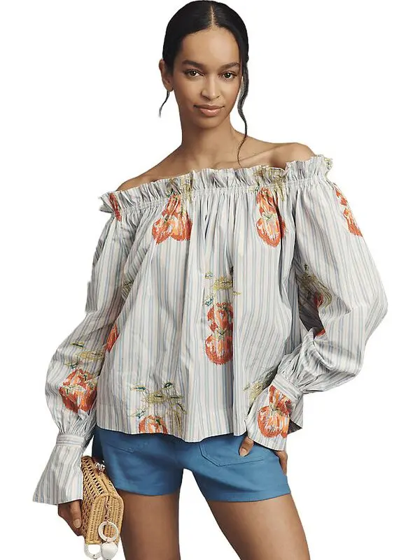 Essentiel Antwerp Handstand Off-shoulder Blouse - Blue Pattern