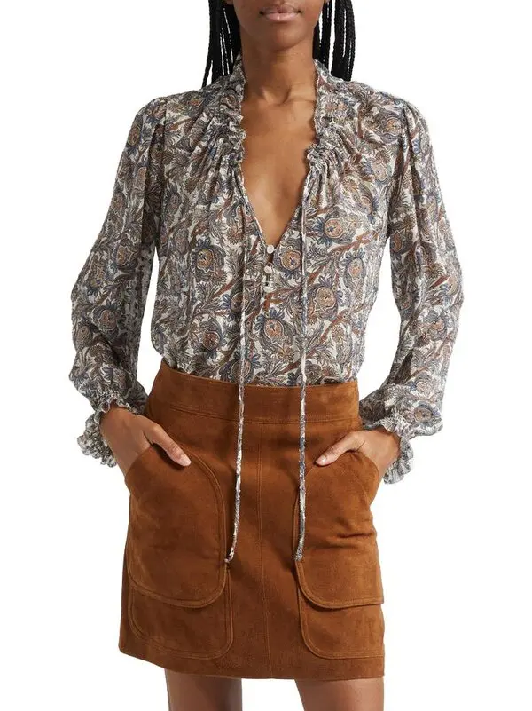 Veronica Beard Paisley Print Silk Blend Tie Neck Shirt - Dove Multi