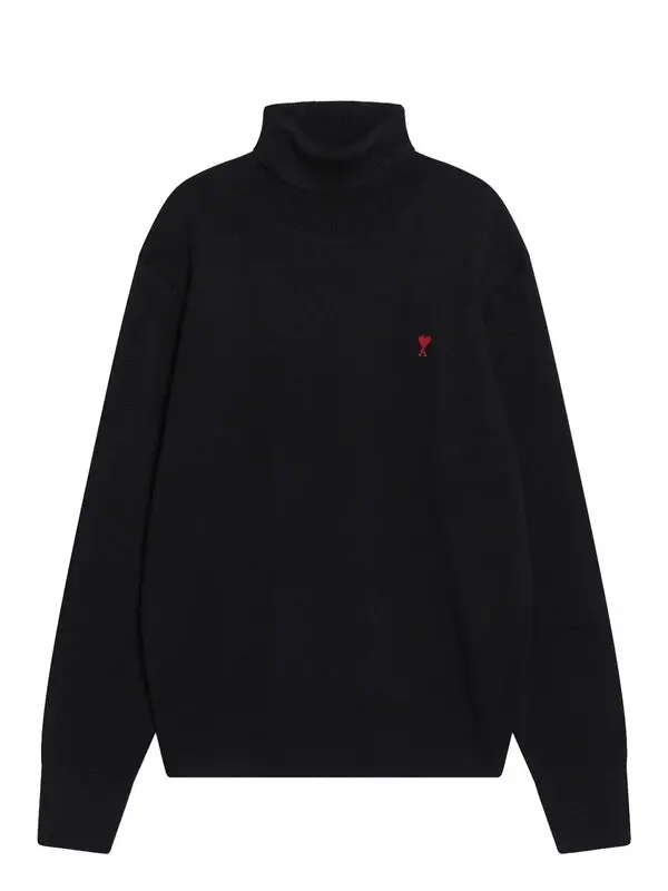 Ami Navy Turtleneck Sweater With De Coeur Logo - Blue