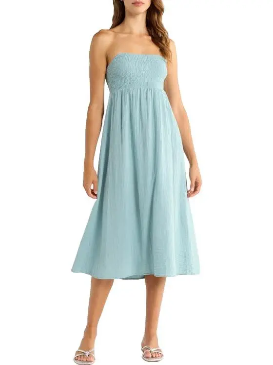 BILLABONG Smocked Bodice Cotton Midi Dress - Blue Fog