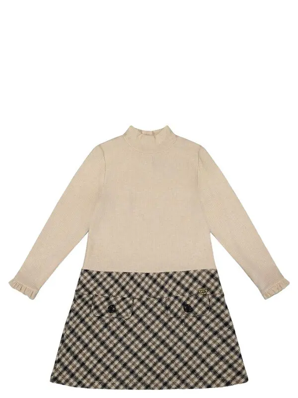 DEUX PAR DEUX Bi-material Plaid Dress - Beige