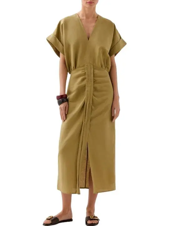 SCALPERS Linen Gathered Midi Dress - Khaki