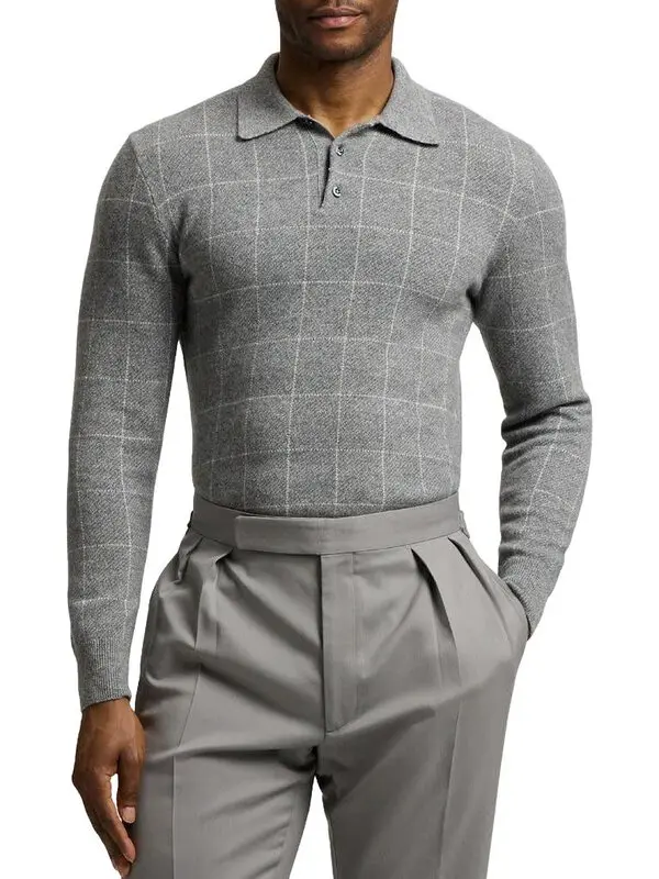 Ralph Lauren Windowpane Plaid Cashmere Polo Sweater - Grey Multi