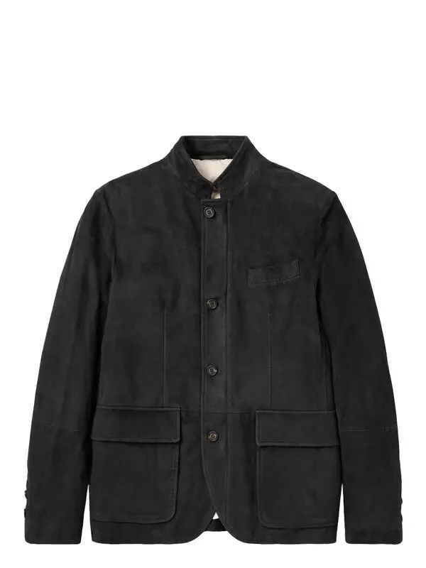 Eleventy Slim-fit Nehru-collar Suede Down Jacket - Black