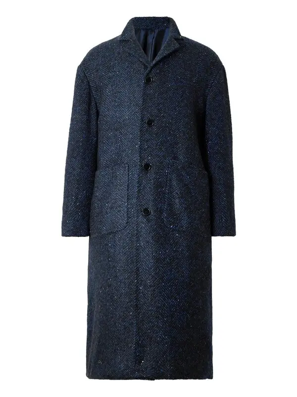 Kiton Herringbone Virgin Wool, Cashmere, And Silk-blend Overcoat - Blue