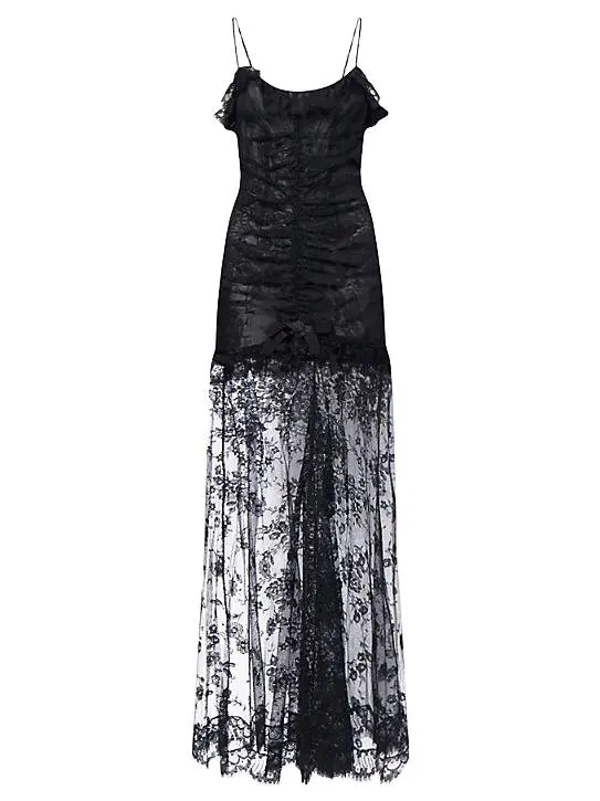 Alessandra Rich Bow Split-hem Lace Maxi Dress - Black