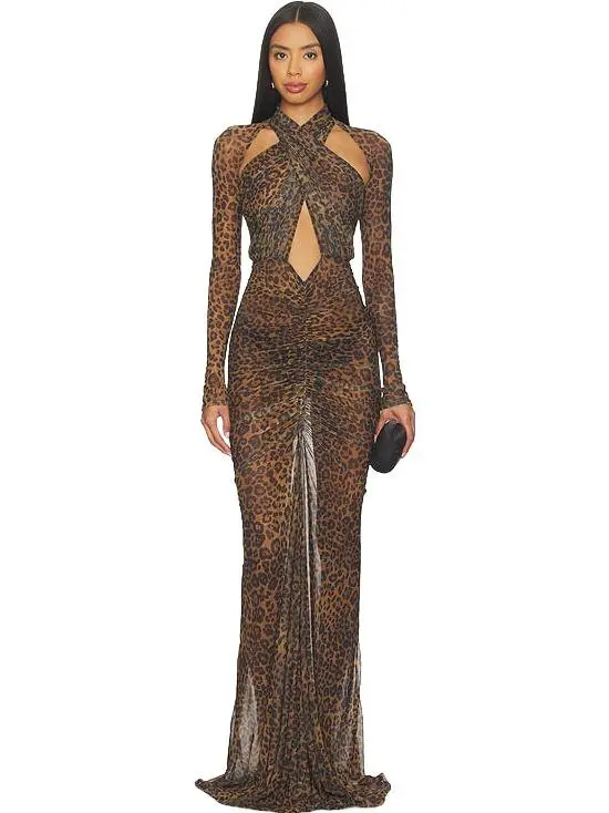 Lapointe Printed Mesh Halter Ruched Gown - Leopard