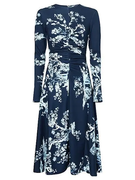 Erdem Draped Floral Stretch-woven Midi Dress - Cyanotype Etching Navy