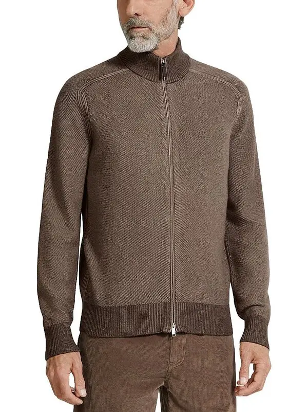 Zegna Cashmere & Silk Melange Zip Up Cardigan - Brown/light Taupe