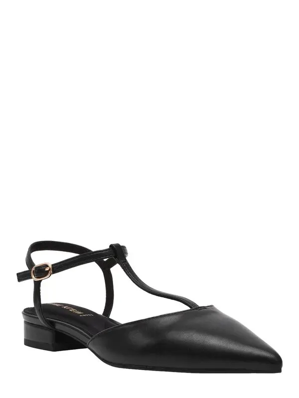 Anne Klein Emily Ankle Strap Pointed Toe Flat - Black Smooth