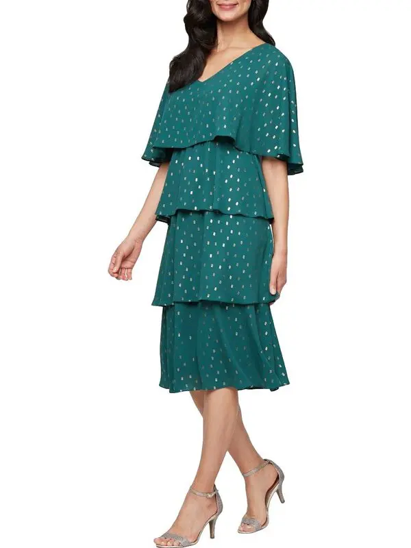 SL FASHIONS Metallic Foil Dot Tiered Chiffon Cocktail Midi Dress - Pine