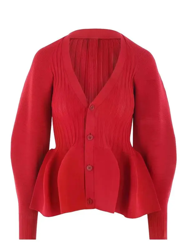 CFCL Ribbed Knit Peplum Cardigan - Red