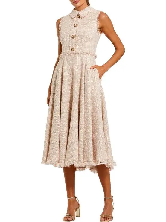 Mac Duggal Bouclé Sleeveless Collared Midi Dress - Blush