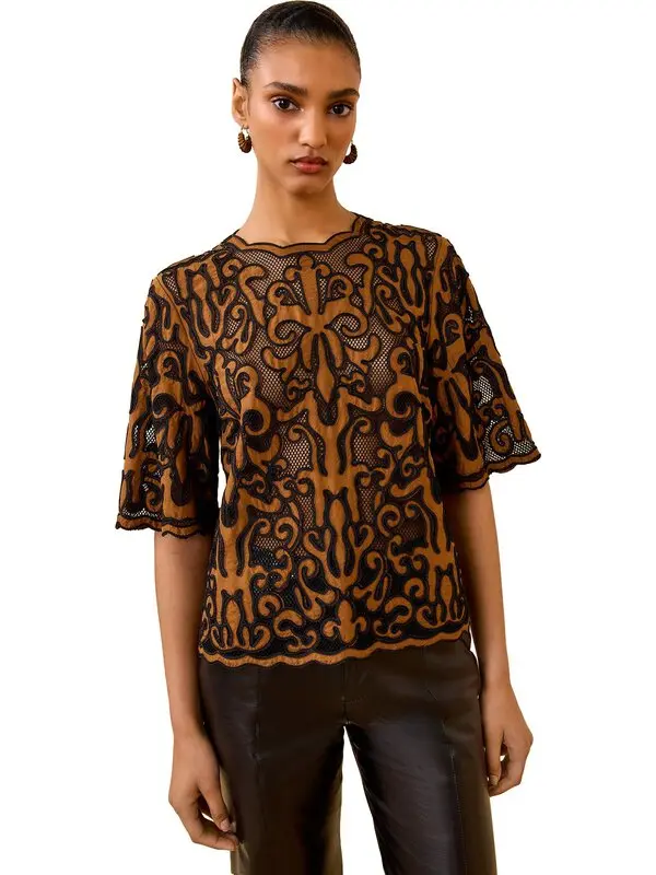 Ulla Johnson Tasia Applique Short Sleeve Top - Saffron