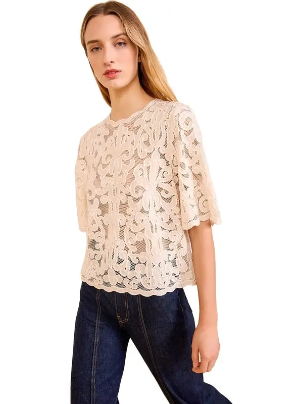 Ulla Johnson Tasia Applique Short Sleeve Top - Chalk