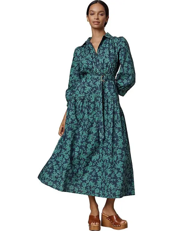 English Factory Long-sleeve Belted Midi Shirt Dress - Green Pattern