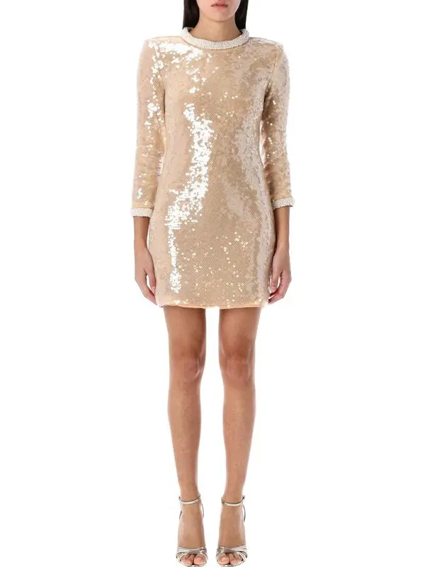SELF-PORTRAIT Pearl Trim Sequin Mini Dress - Beige