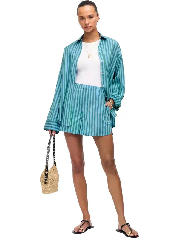 Madewell Curved Hem Pull-on Shorts - Bayside Stripe Cool Aqua