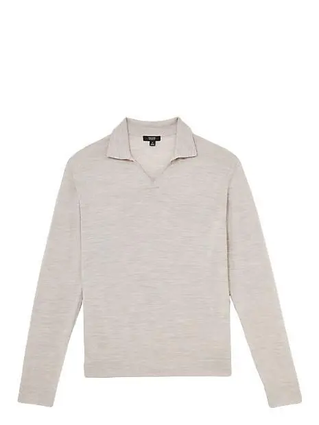 REISS Milburn Open-neck Long-sleeve Merino-wool Jumper - Wicker Brown Melange