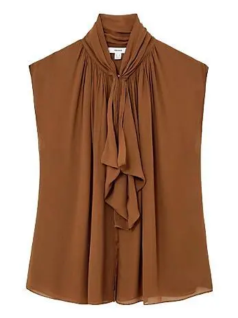 REISS Lucy Ruffle-neck Sleeveless Blouse - Tan Brown