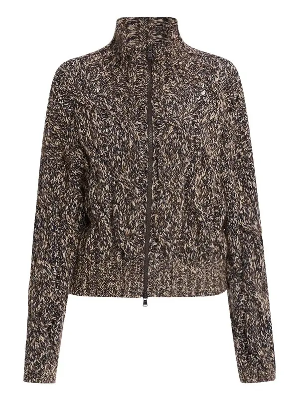 Brunello Cucinelli Paillette Marbled Mohair Cable Knit Zip Cardigan - Coj57 Brown Navy