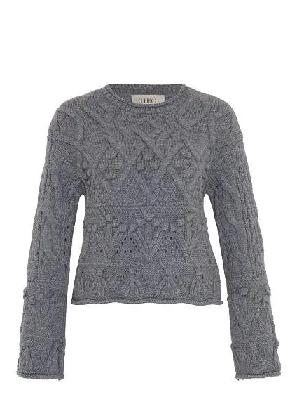 THEO THE LABEL Rhodos Fisherman Cable Pullover - Heather Grey